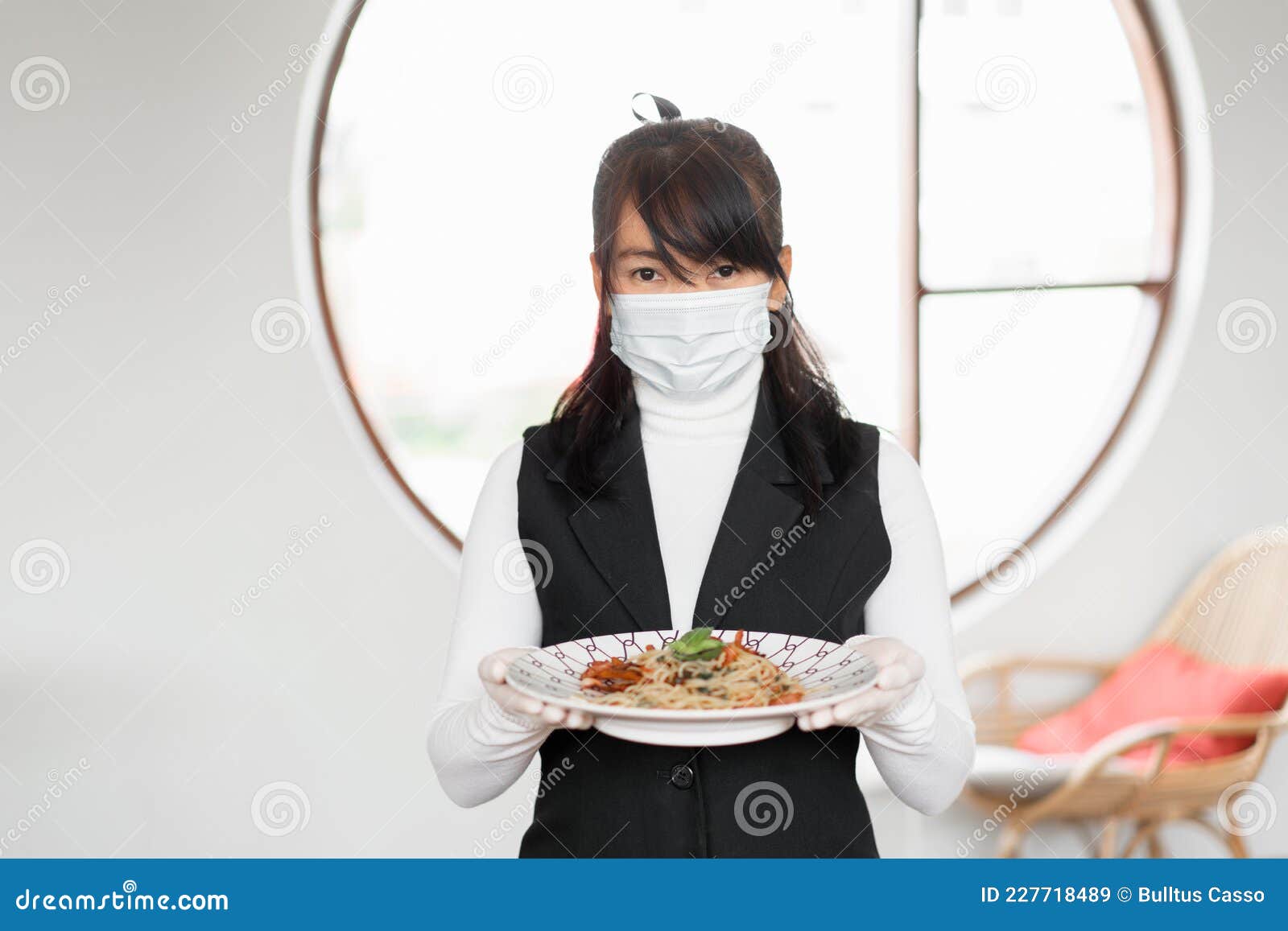 Woman Waitress with Face Mask for Working Stock Image - Image of fresh ...
