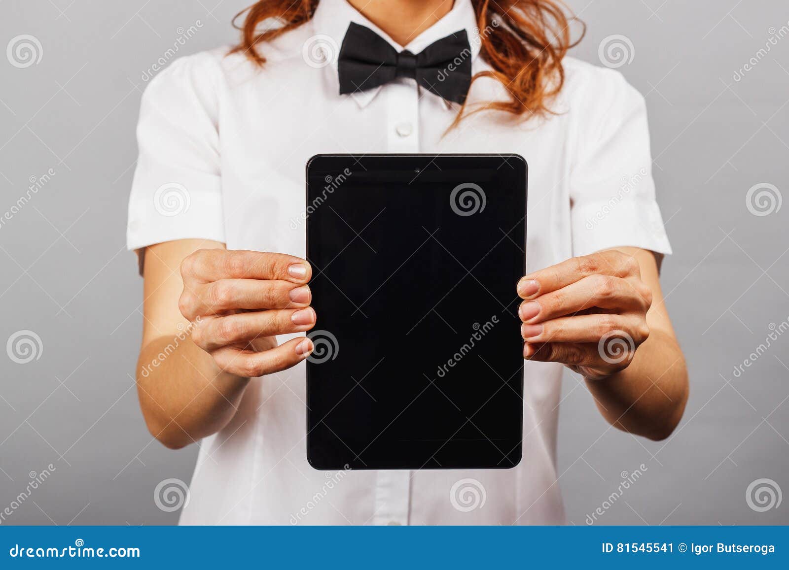 Woman Waitress with a Tablet, Gray Background Stock Image - Image of ...