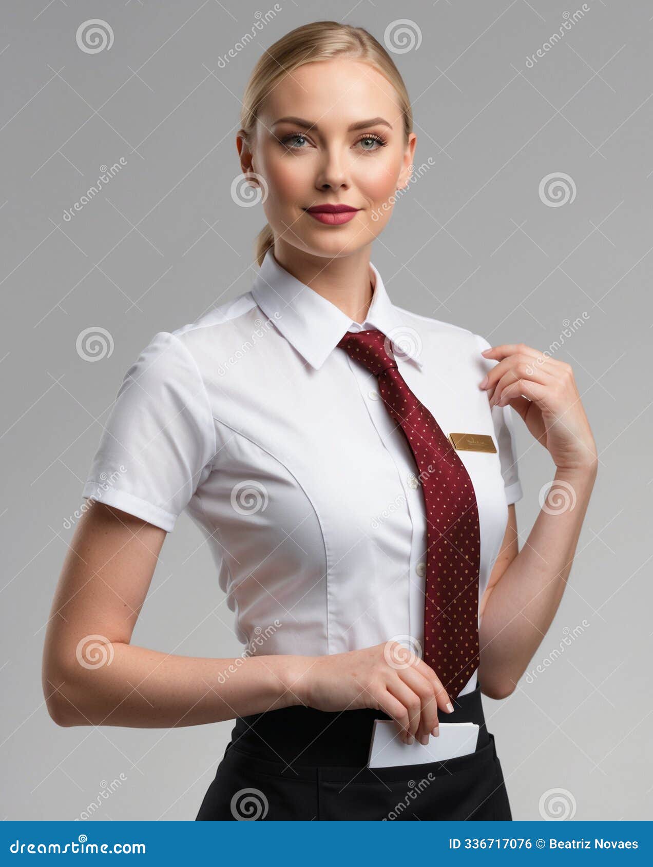Woman in Waitress Uniform Using Name Tag Confident Posture Stock ...