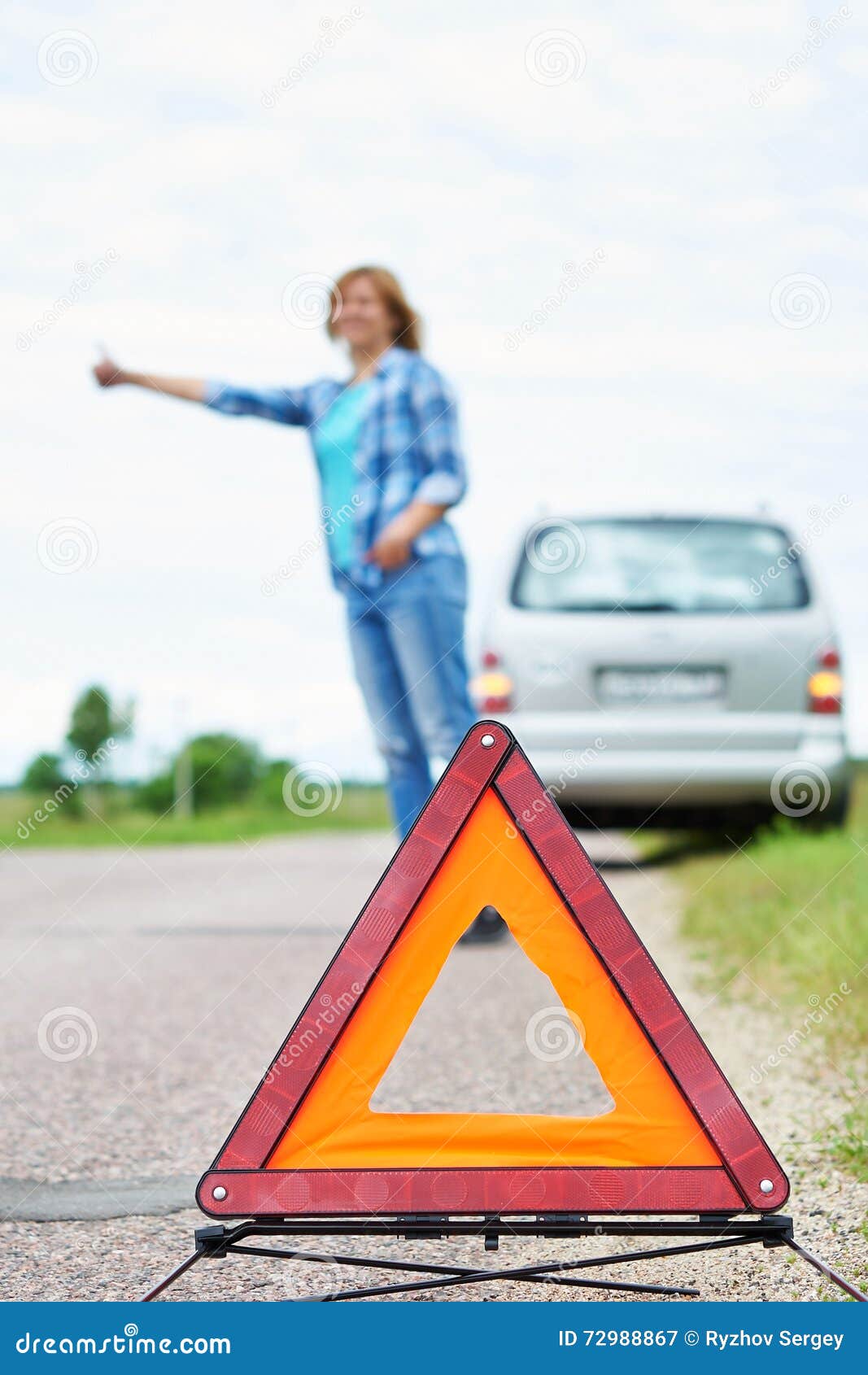 Woman waits help near car stock image. Image of standing - 72988867