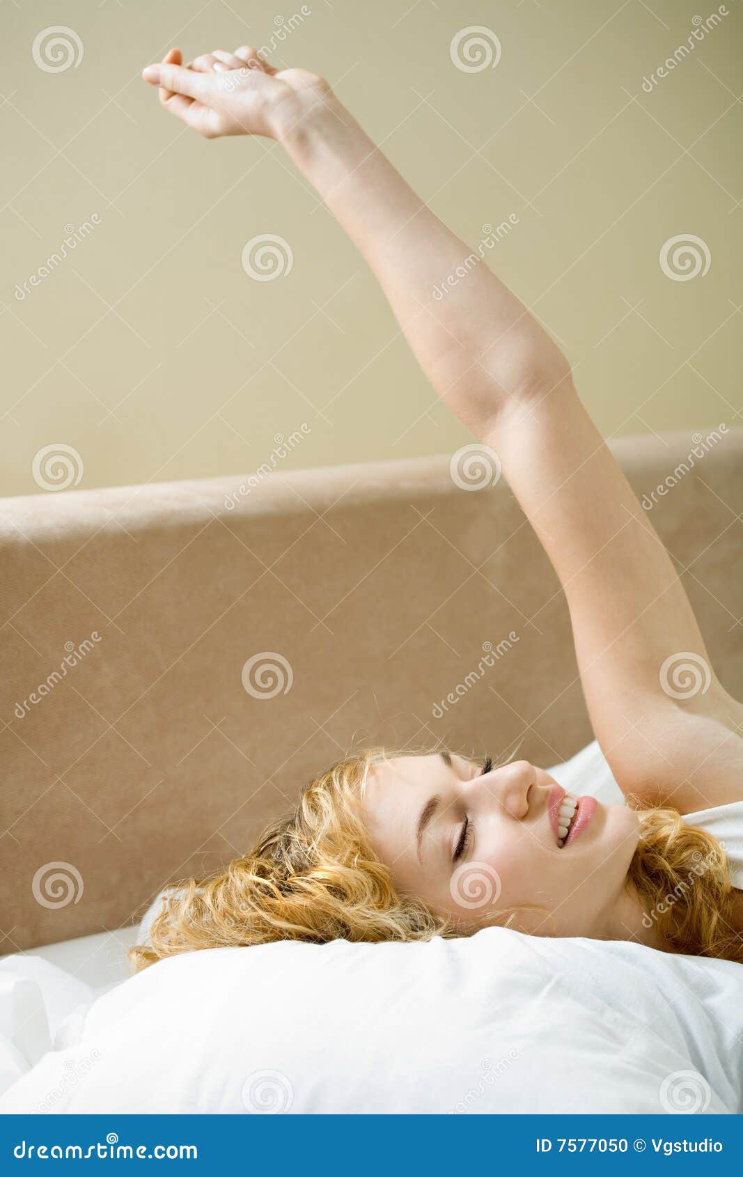 Woman waking up stock photo. Image of indoor, home, hand - 7577050