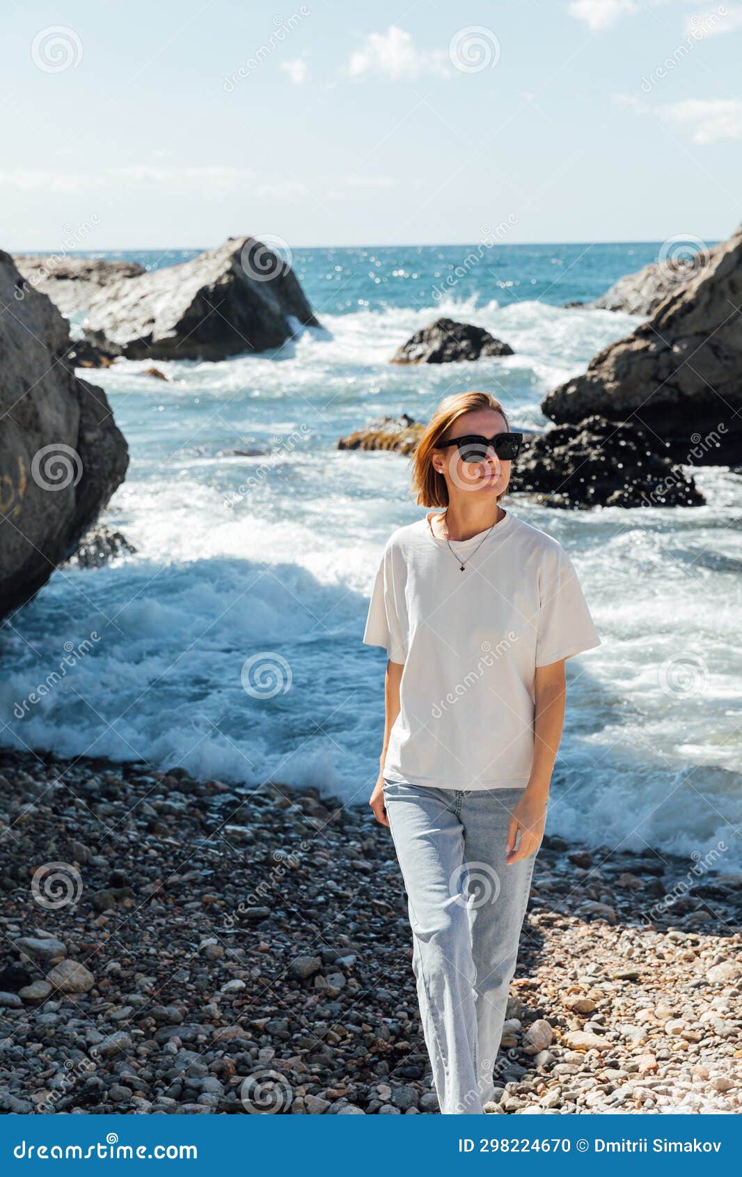 Woman on a Walk by the Sea on the Beach Nature Stock Photo - Image of ...