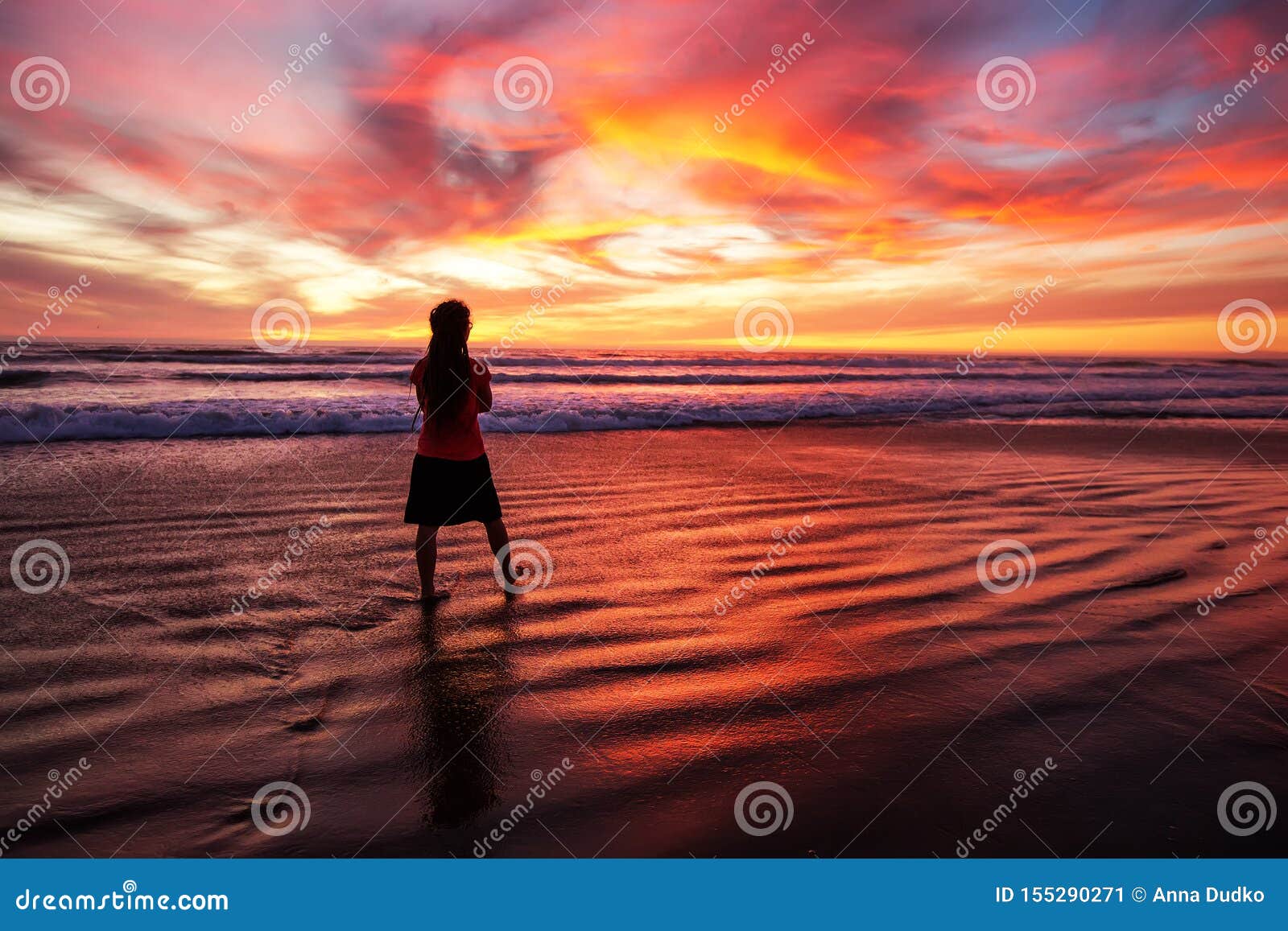 Woman Walking Alone on the Beach in the Sunset Stock Image - Image of ...
