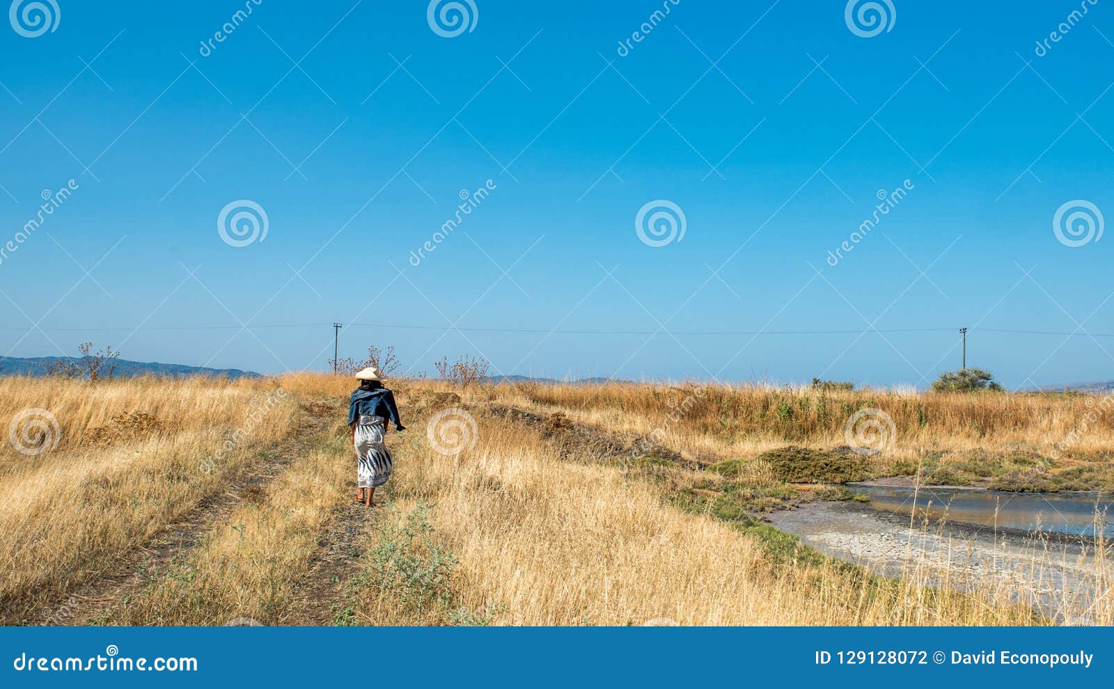 Woman Walking Down Path through Grasslands with Large Blue Sky Stock ...