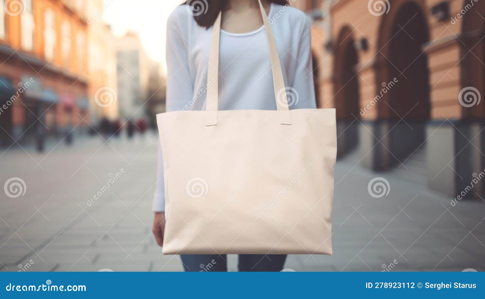 A Woman Walking Down A Sidewalk Carrying A White Bag Generative Ai