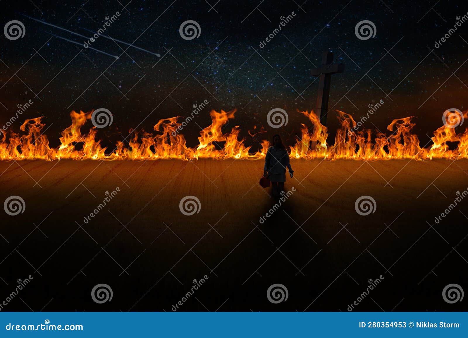 A Woman Walking on Field on Fire Stock Image - Image of forest, cross ...