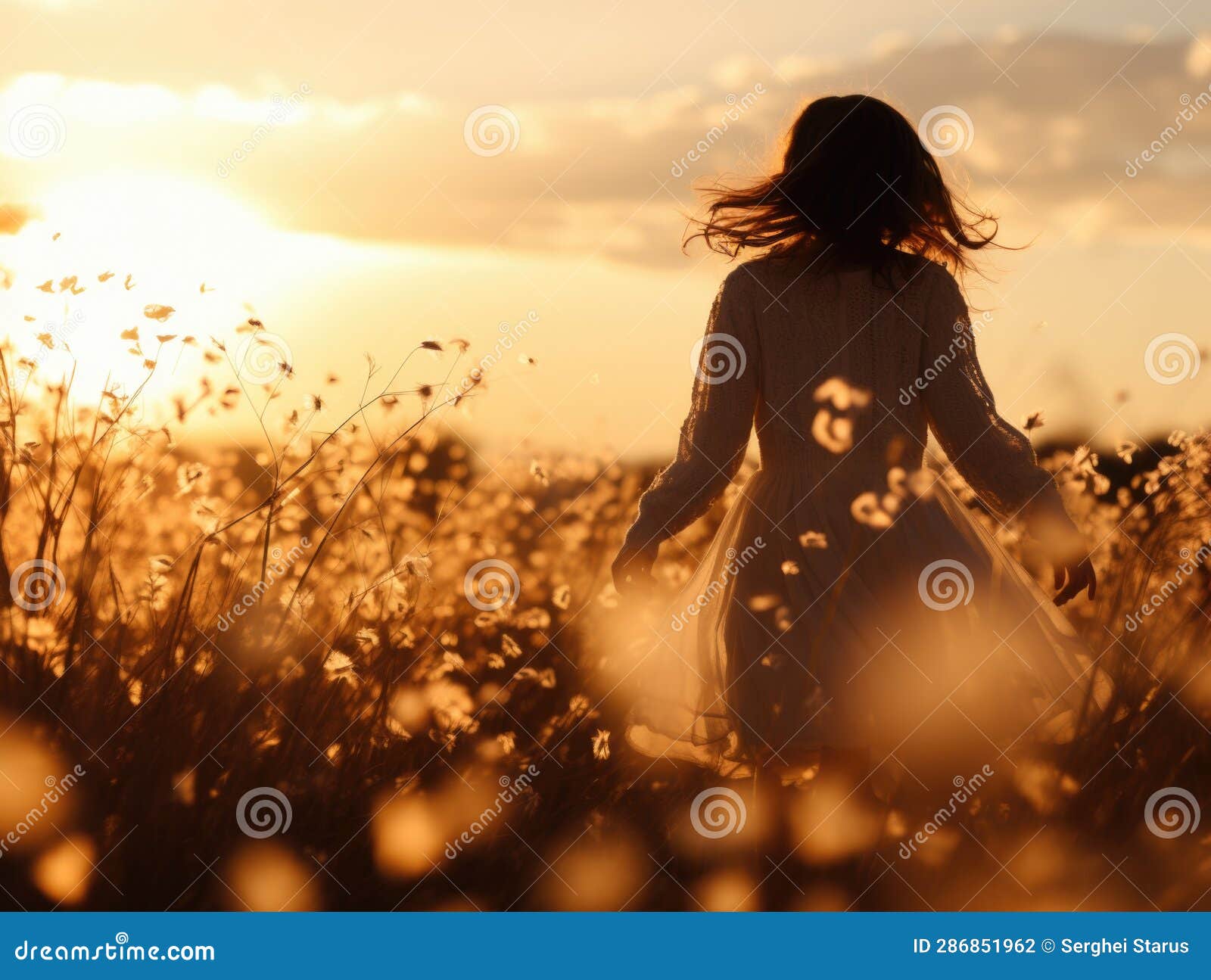 A Woman Walking through a Field of Grass at Sunset. Generative AI Image ...