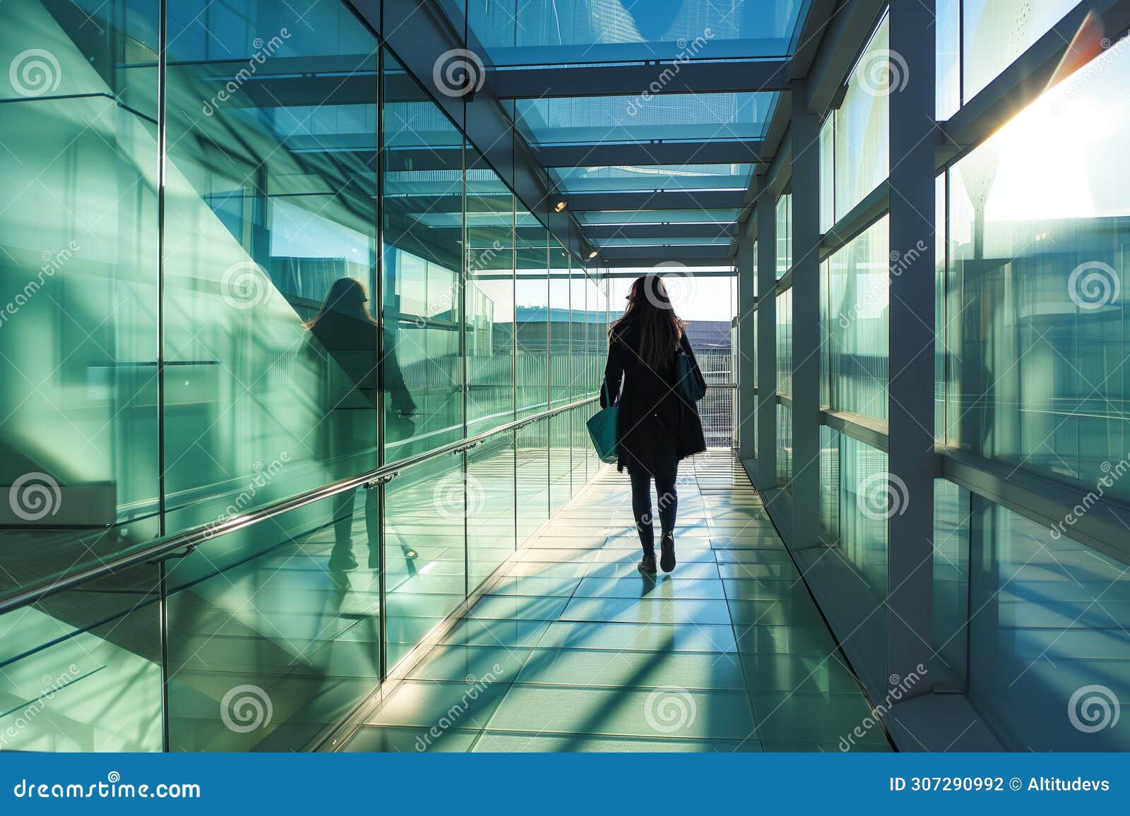 Woman Walking Glass Building Corridor Stock Photo - Image of glass ...