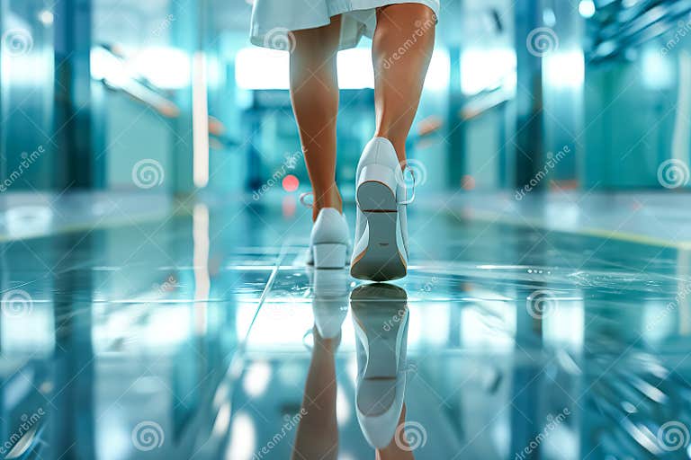 A Woman Is Walking In A Hallway With Her Feet In The Air Stock Image Image Of Closeup Female