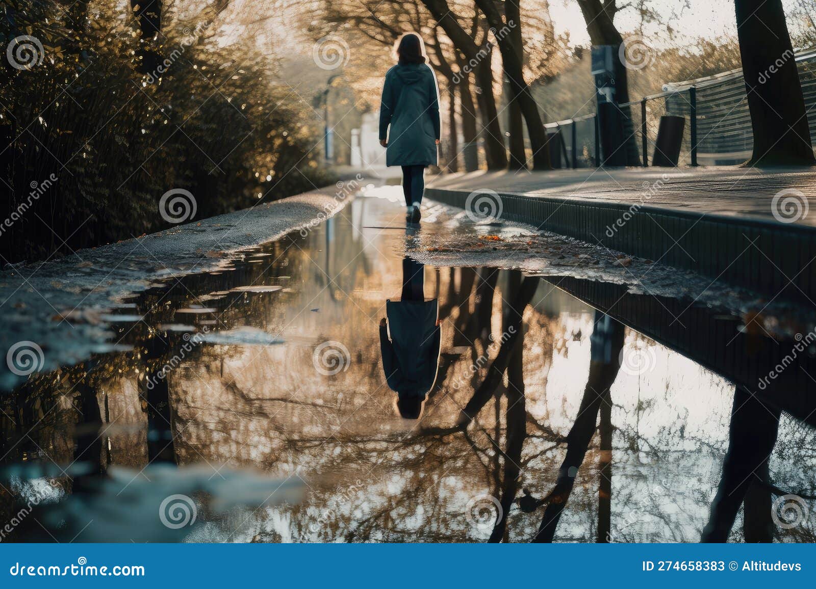 Woman, Walking on Pathway, with Her Reflection Visible in the Water ...