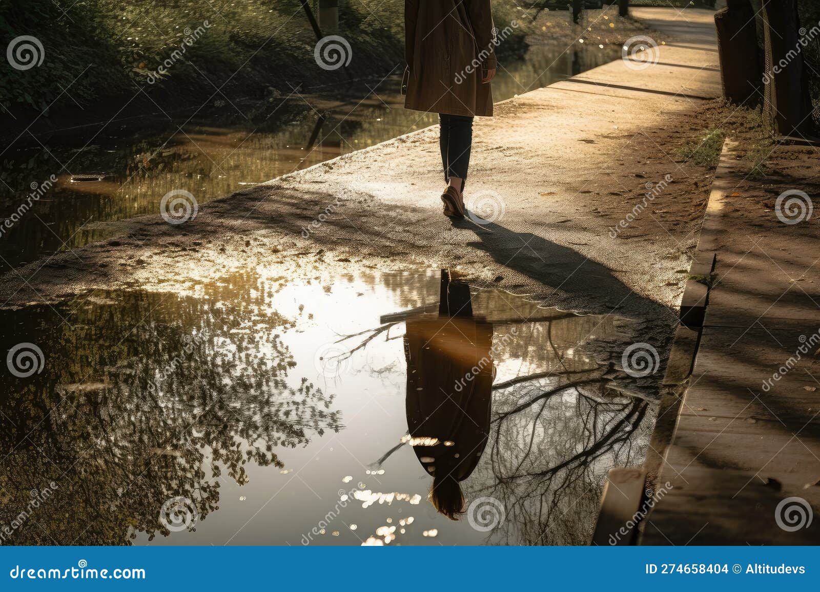 Woman, Walking on Pathway, with Her Reflection Visible in the Water ...