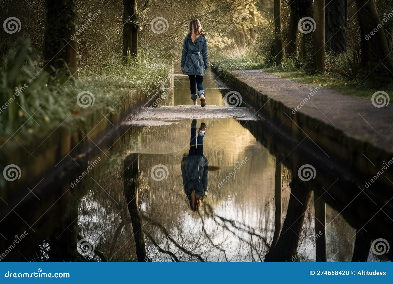 Woman, Walking on Pathway, with Her Reflection Visible in the Water ...