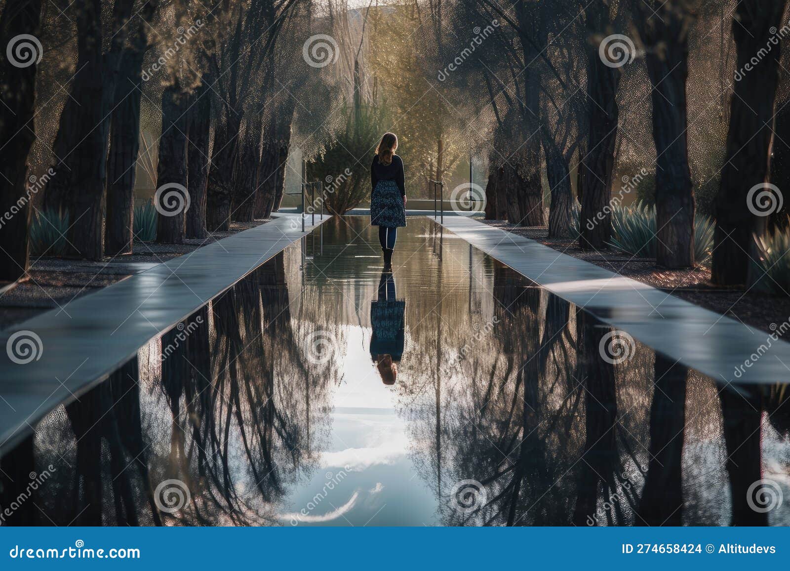 Woman, Walking on Pathway, with Her Reflection Visible in the Water ...