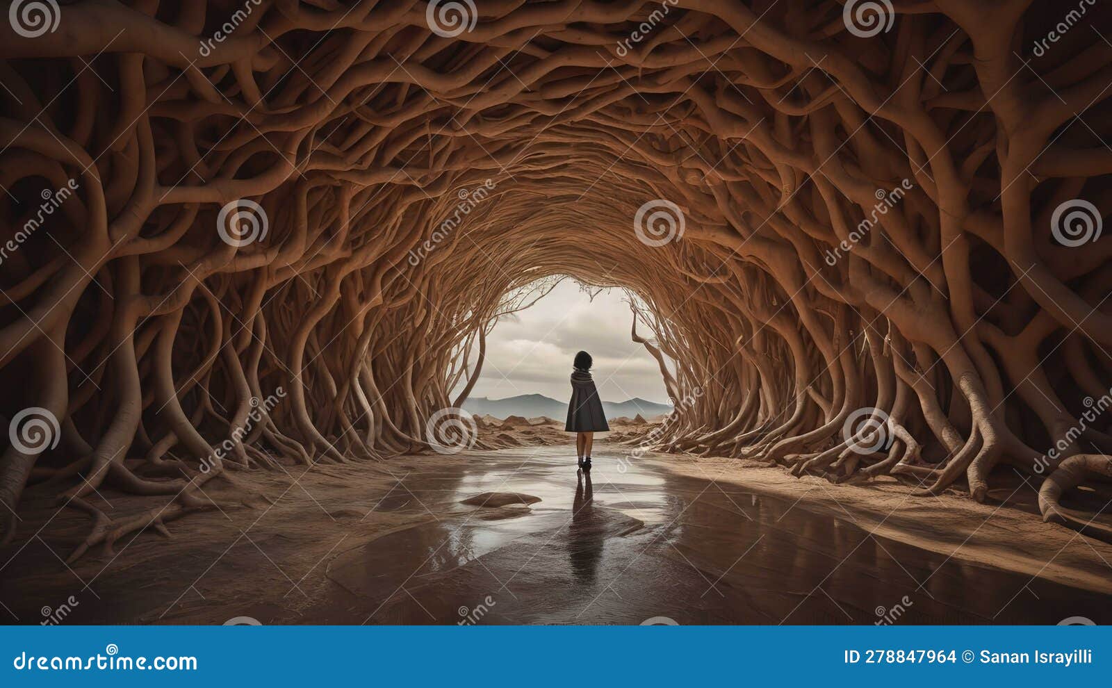 A Woman Walking through a Tunnel of Tree Roots. Generative Ai Stock ...
