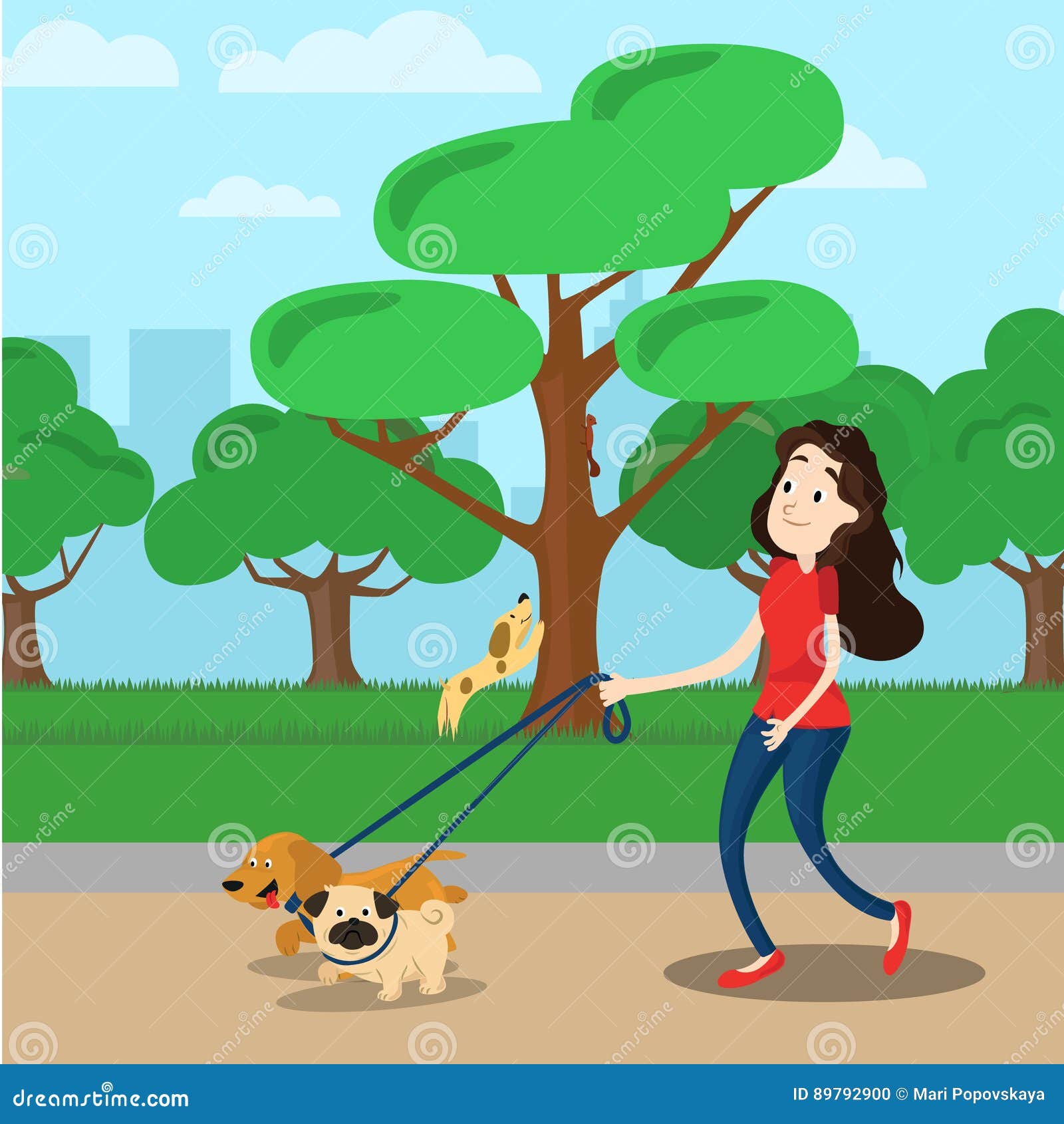 Woman walking with two dog stock vector. Illustration of builtstructure ...