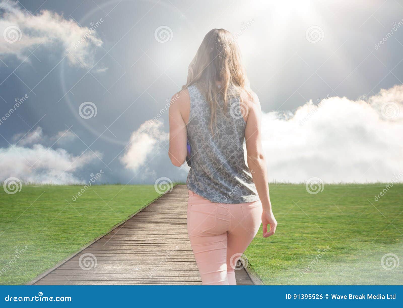 Woman Walking Up Path To Blue Sky Sun Stock Illustration - Illustration ...