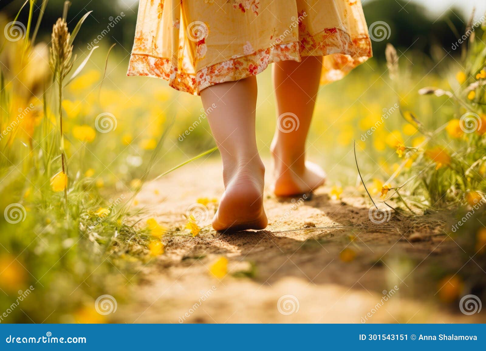 Woman Walks Barefoot on a Path. Concept Embodies Freedom and Simplicity ...