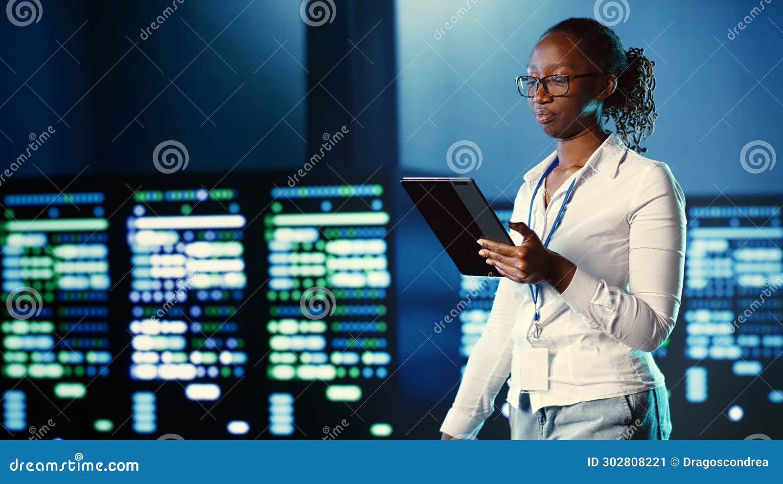 Woman Walks through Data Center Systems Stock Image - Image of database ...