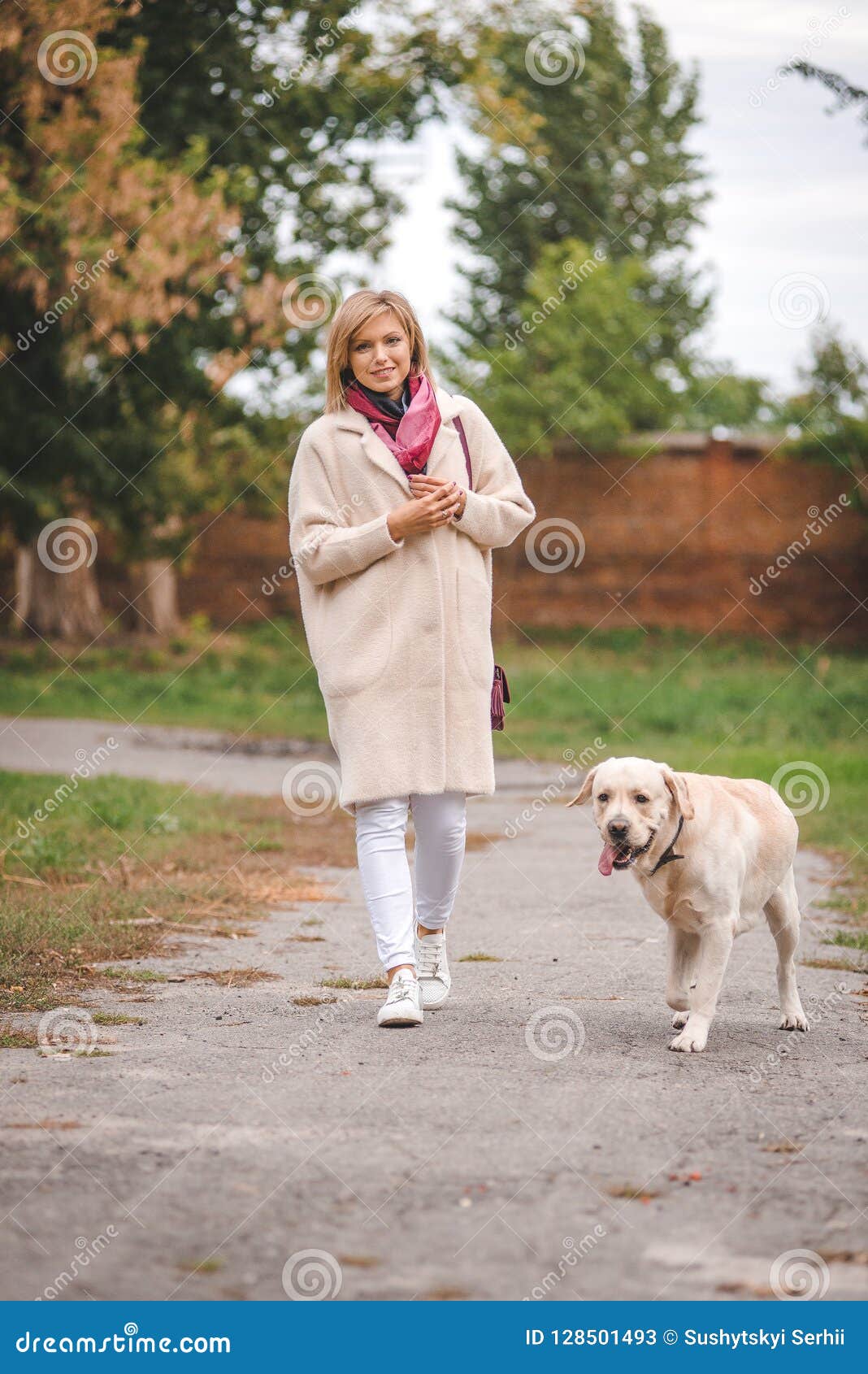 A Woman Walks with Her Labrador in the Fall. Stock Image - Image of ...