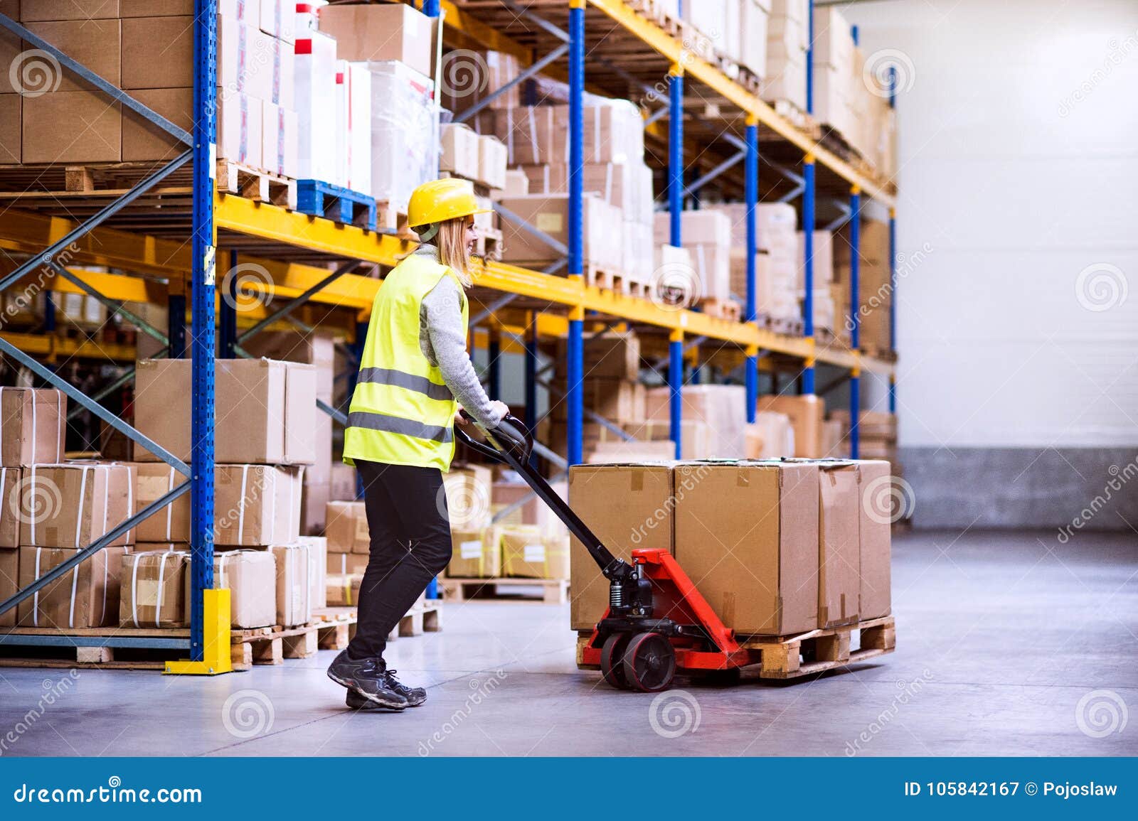 Woman Warehouse Worker with Hand Forklift Truck. Stock Image - Image of ...