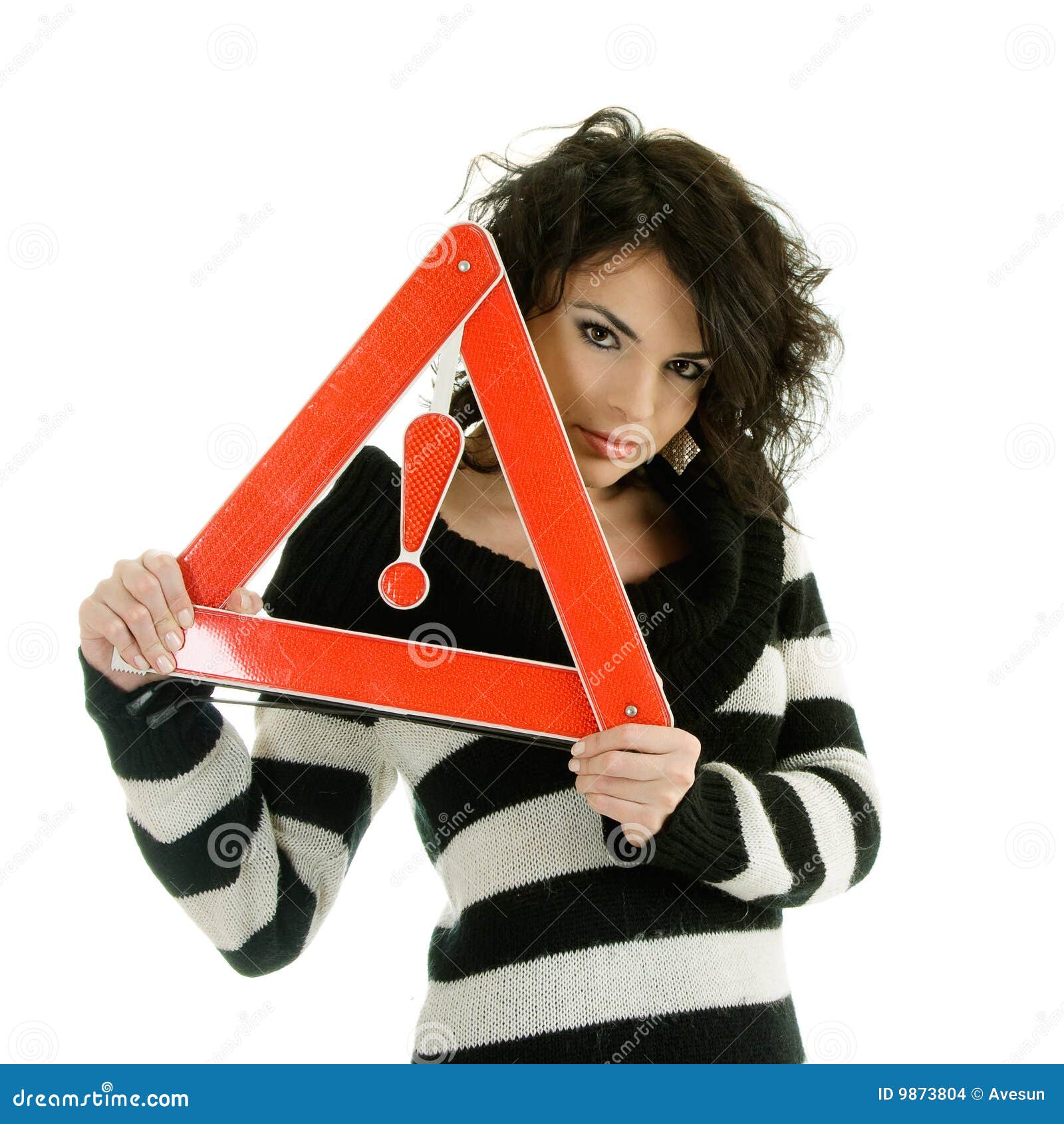 Woman with Warning Road Sign Stock Photo - Image of sign, background ...