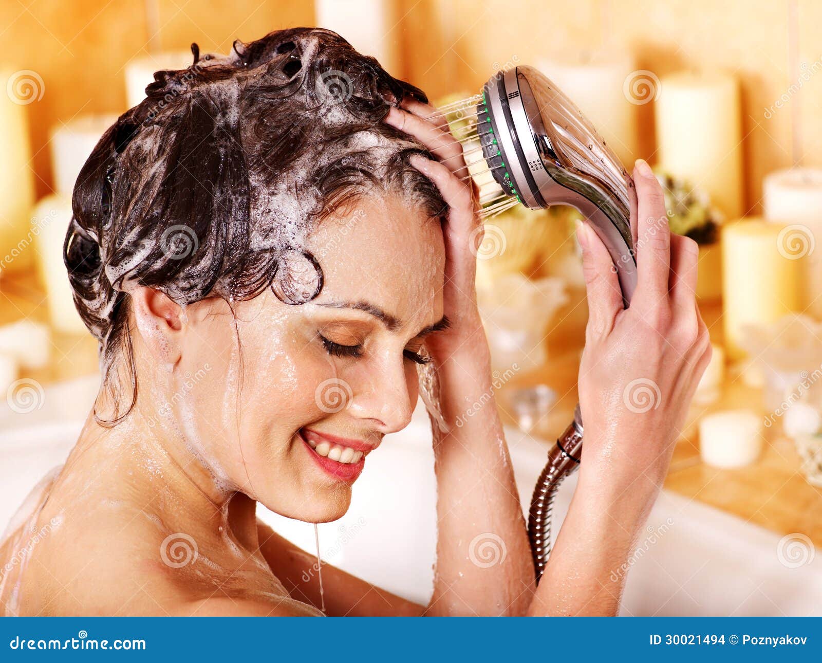 Woman Washes Her Head at Bathroom. Stock Photo - Image of luxury, care ...