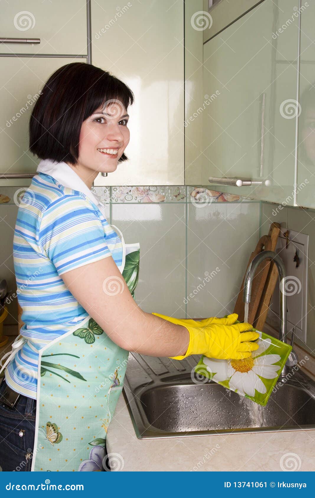 Woman Washing Dishes in Kitchen Stock Image - Image of indoors ...