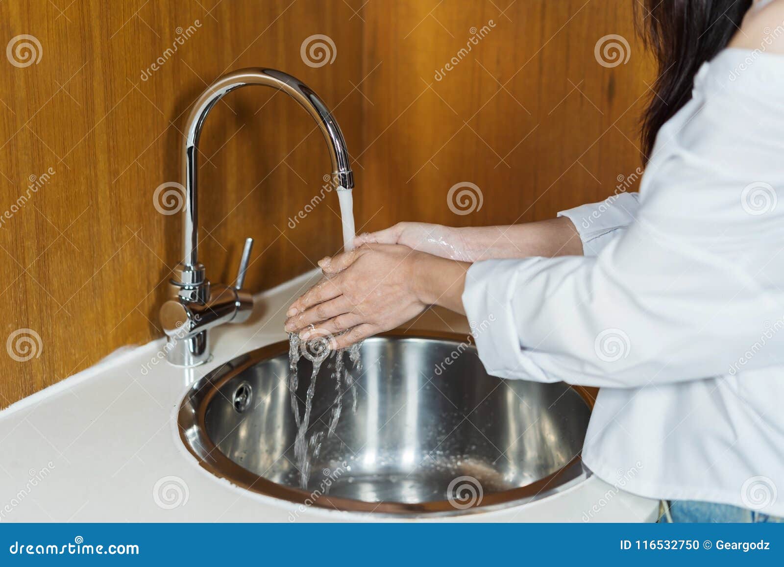 Woman Washing Hands in Kitchen Stock Photo - Image of health, close ...