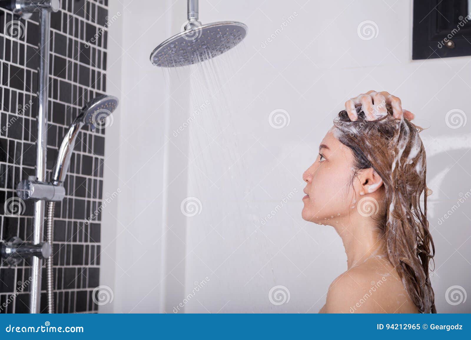 Woman Washing Head And Hair By Shampoo Stock Image Image Of Bathing