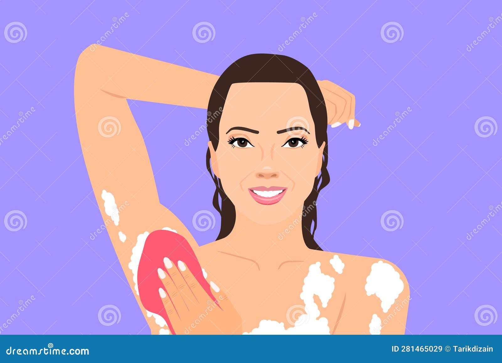 Woman Washing Her Armpit With Foamy Washcloth Taking Shower Vector