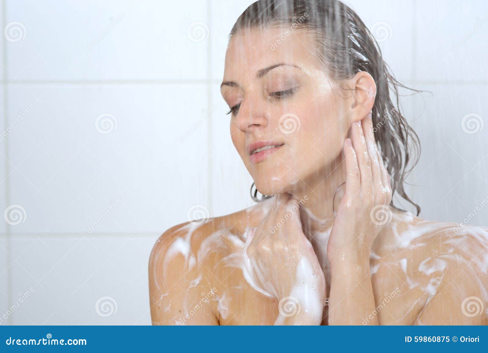 Woman Washing Her Body Shower Gel Stock Image Image Of Hair Bathroom 59860875