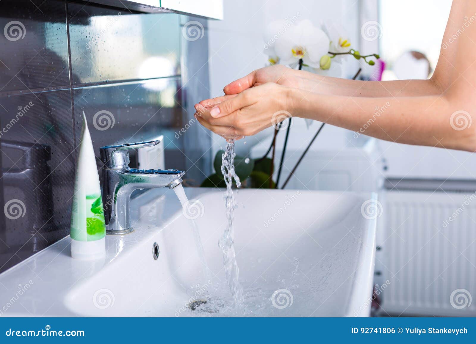 Woman Washing Up in the Morning Stock Photo - Image of health ...