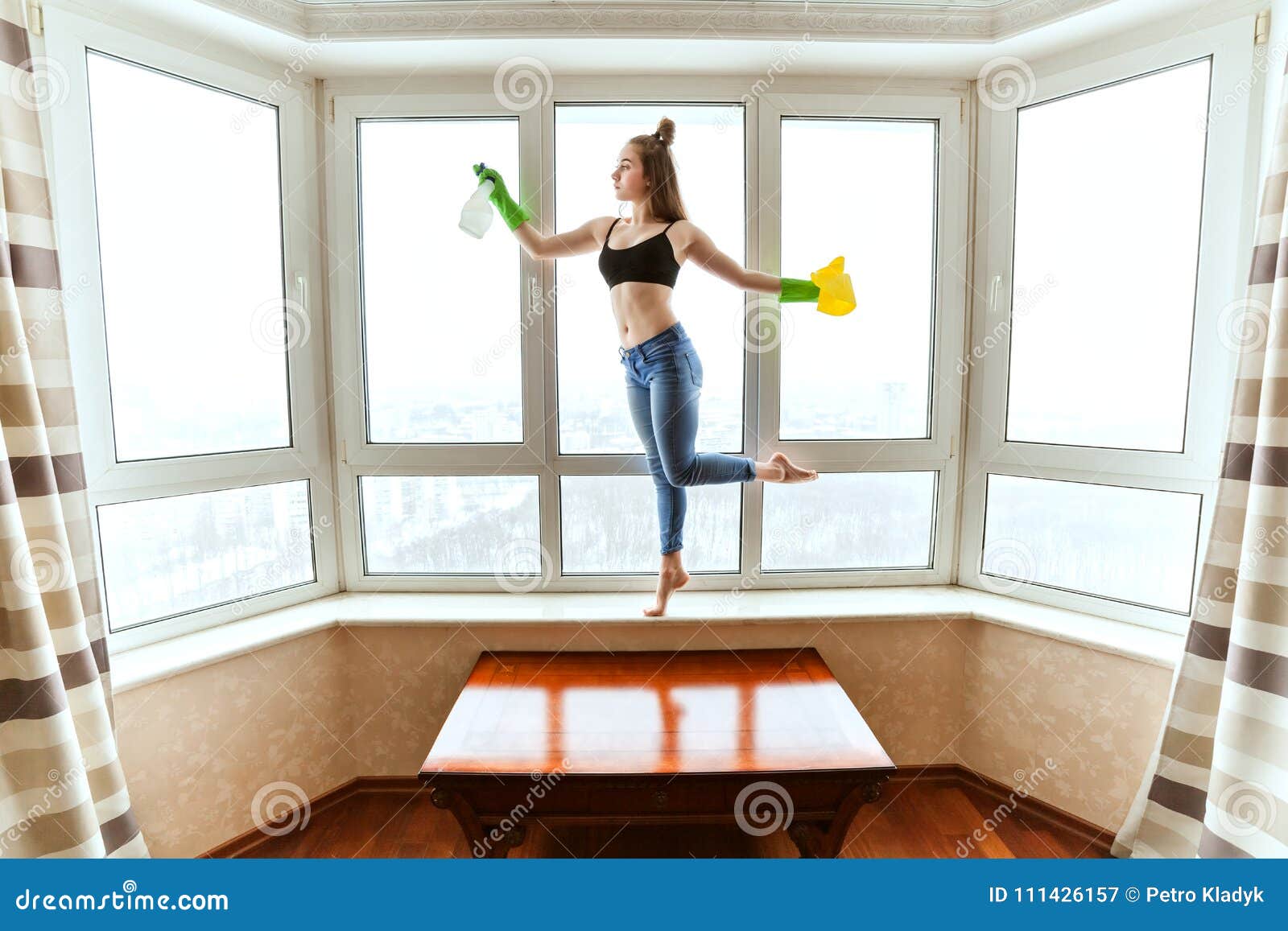Woman Dancing Washes the Windows. Stock Image - Image of cleanup ...