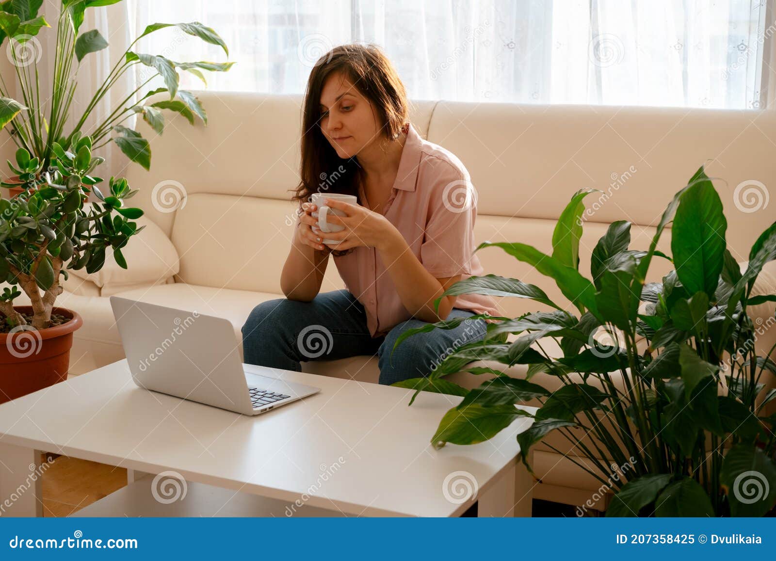 Woman Watching on a Computer Screen. Modern Workplace and Remote Work ...