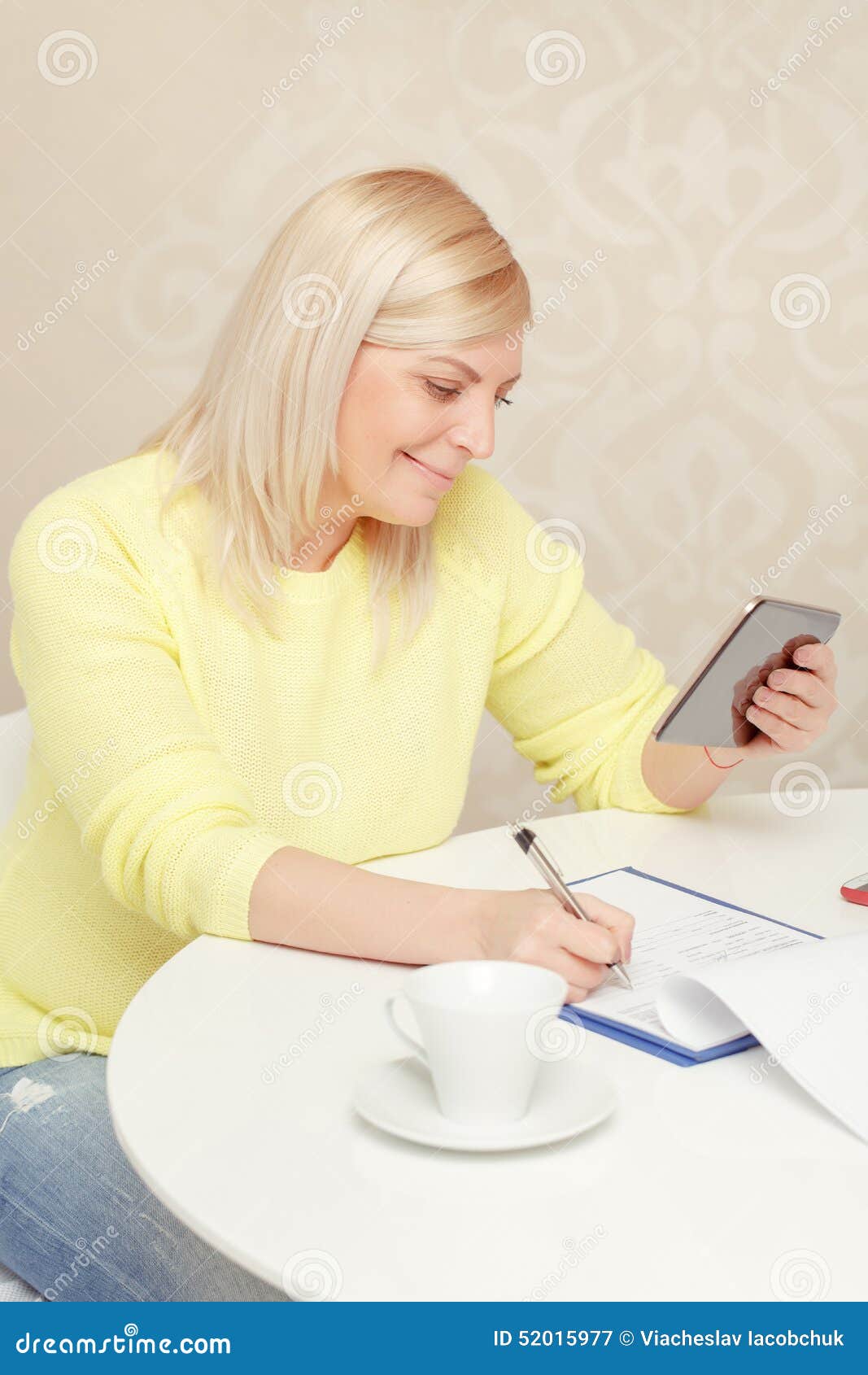 Woman Watching at Her Tablet Device Stock Image - Image of home ...
