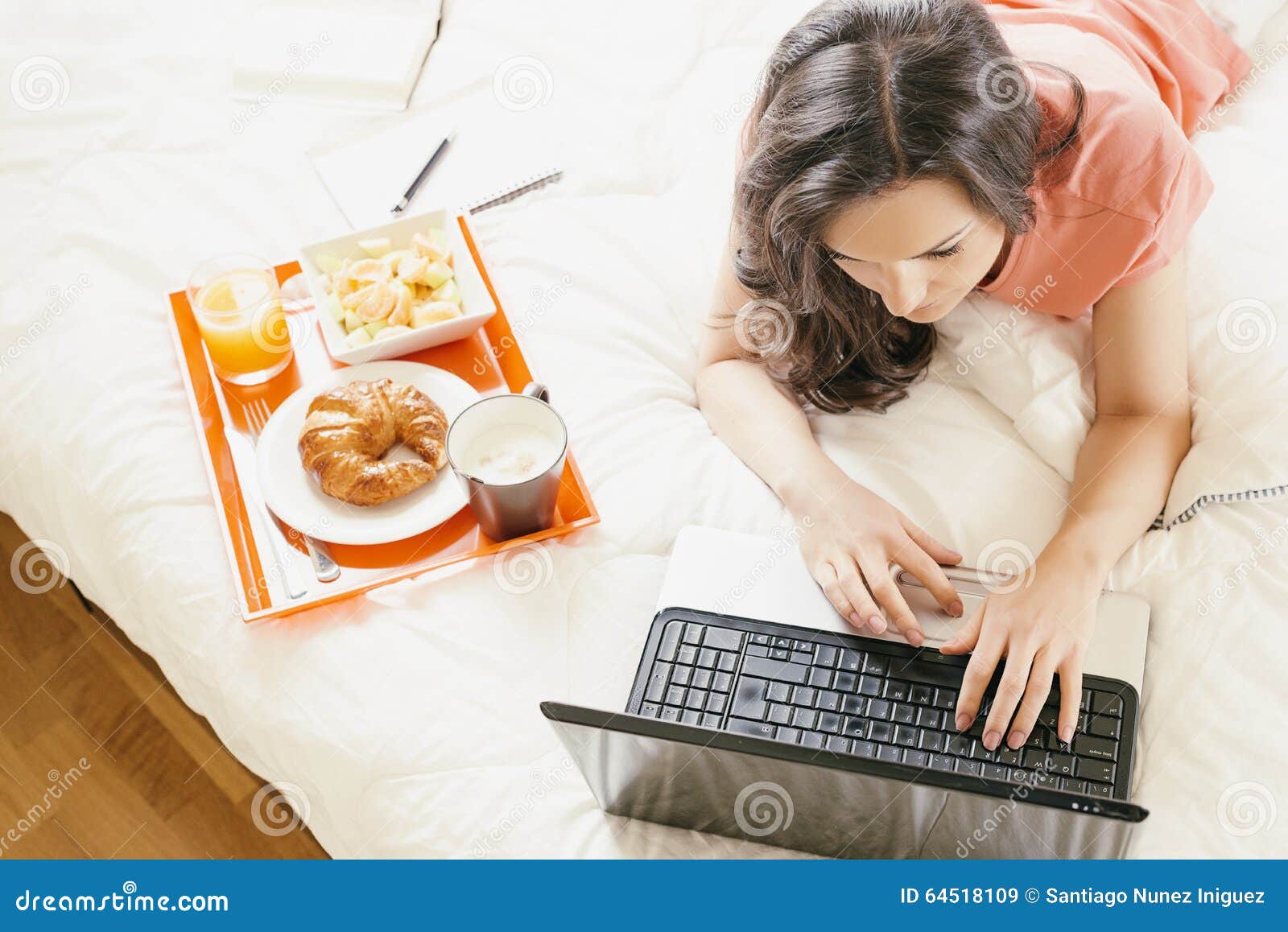 Woman Watching the Laptop Computer and Having Breakfast. Stock Image ...