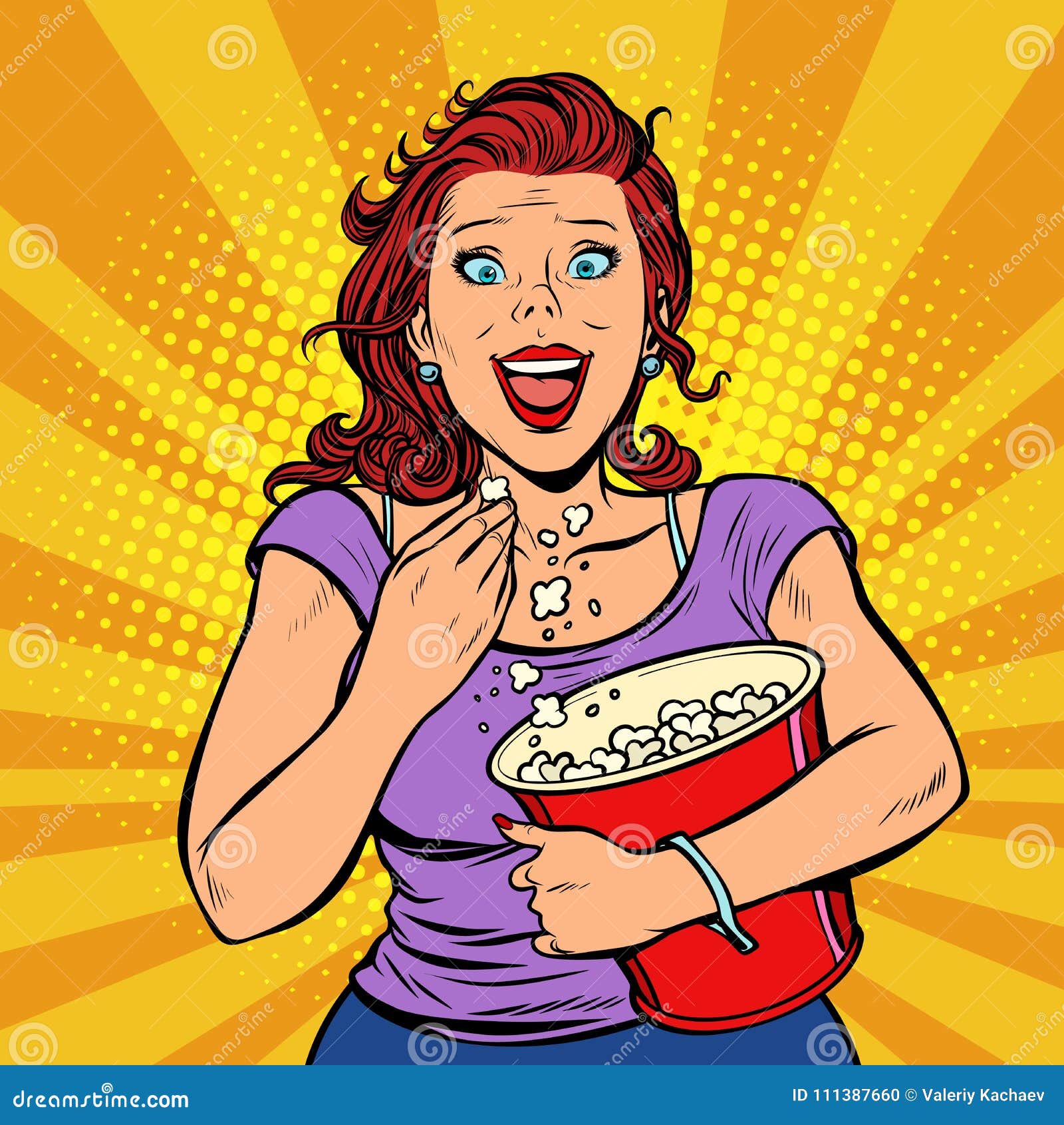 Woman Watching A Movie Smiling And Eating Popcorn Stock Vector Illustration Of Leisure