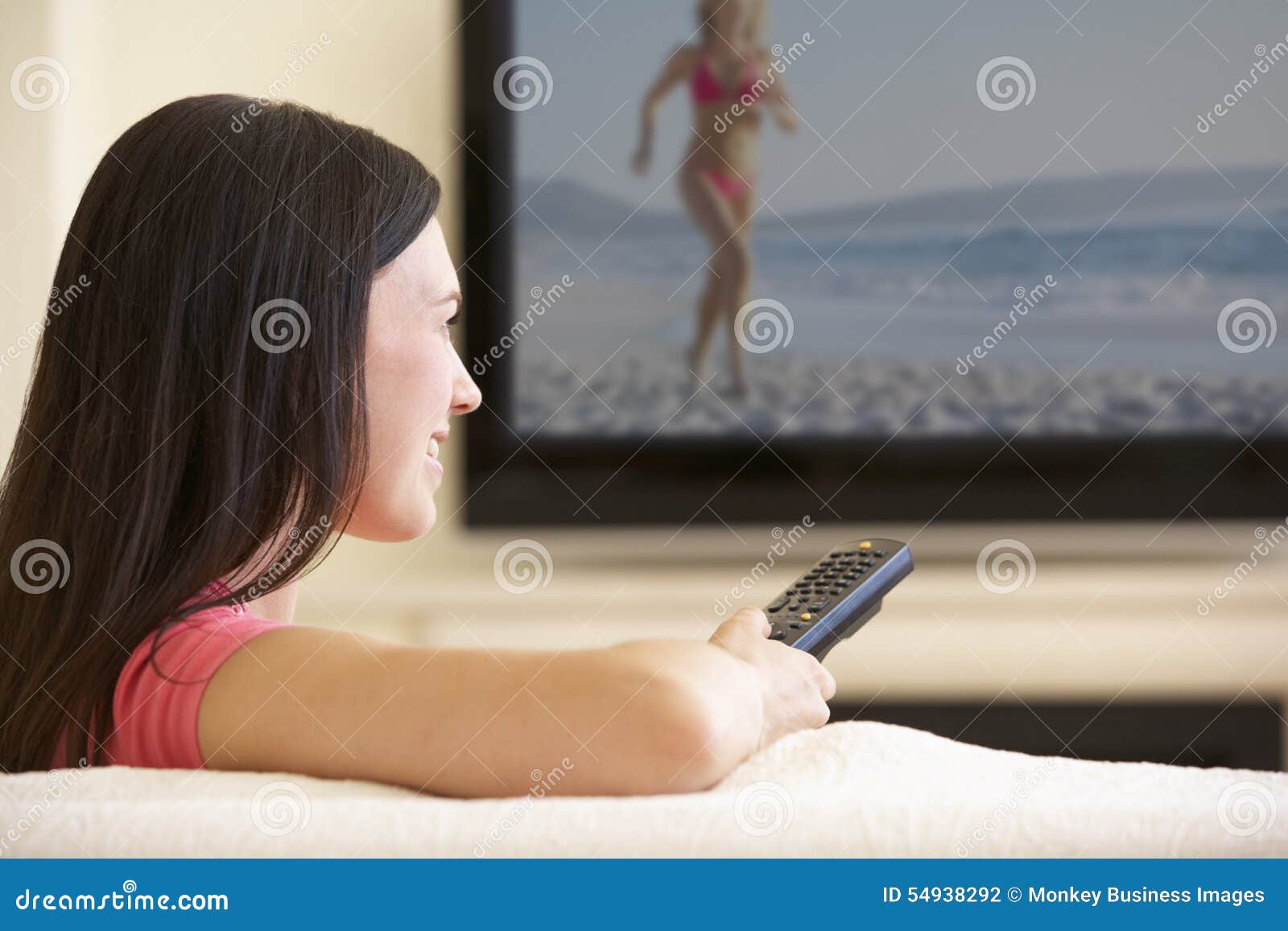 Woman Watching Widescreen TV at Home Stock Photo - Image of television ...