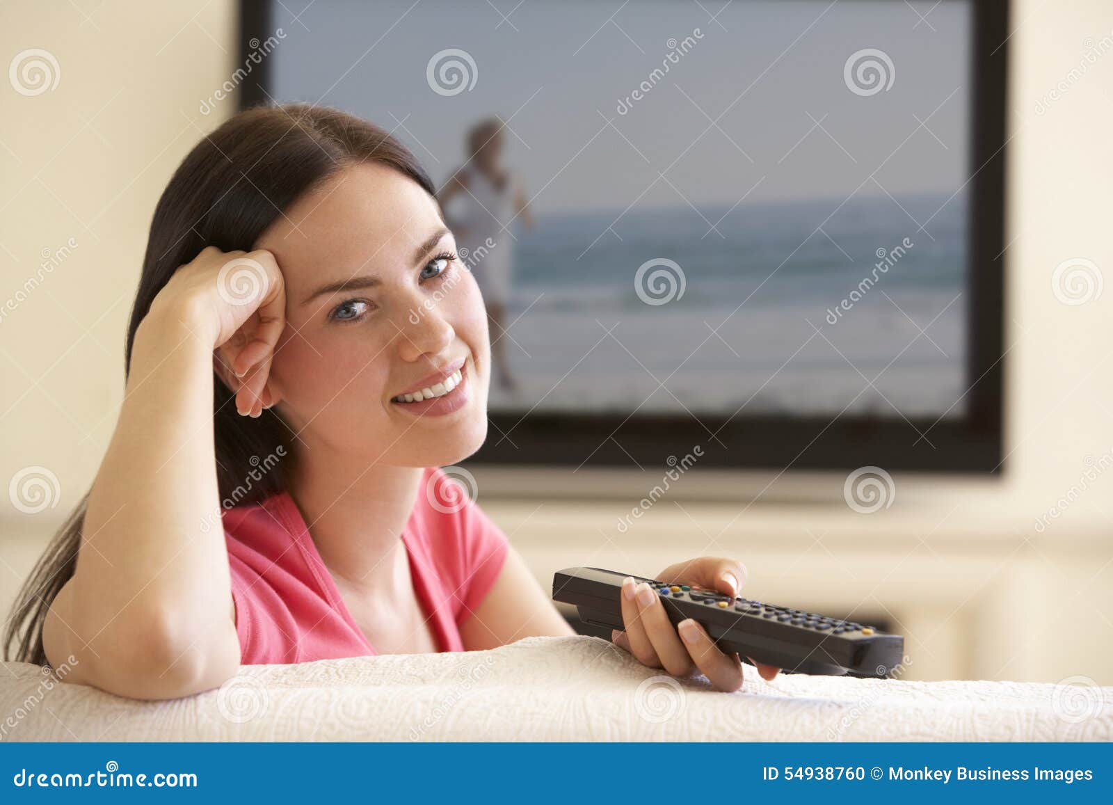 Woman Watching Widescreen TV at Home Stock Photo - Image of caucasian ...
