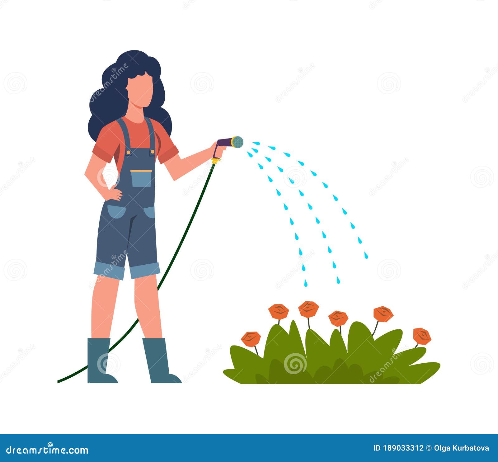 Woman Watering Flowers In Garden Female Character Gardener With Hose
