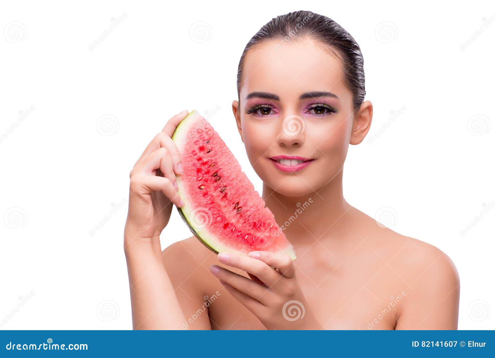 The Woman with Watermelon Slice Isolated on White Stock Image - Image ...