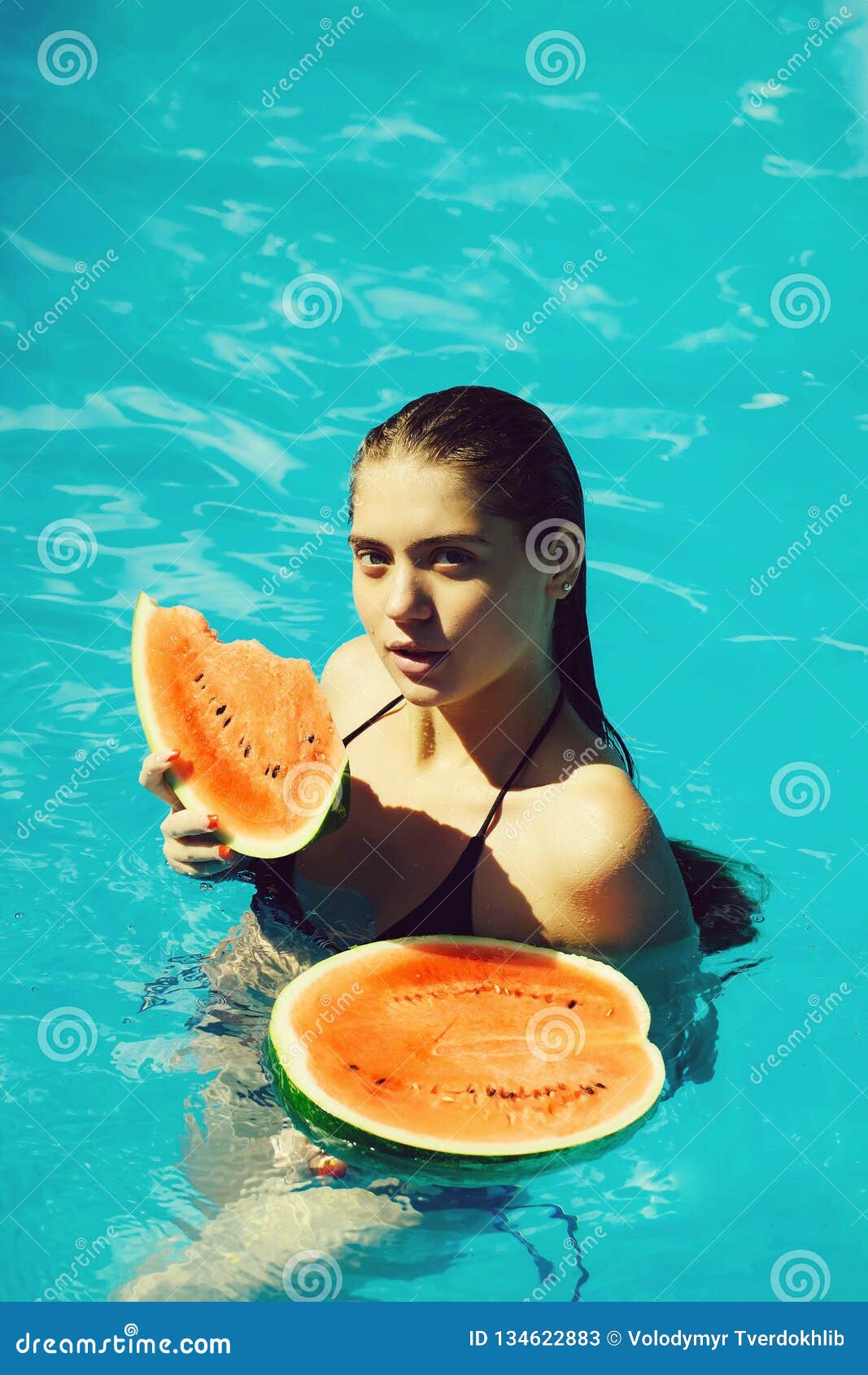 Woman With Watermelon In Swimming Pool Stock Image Image Of Swimming