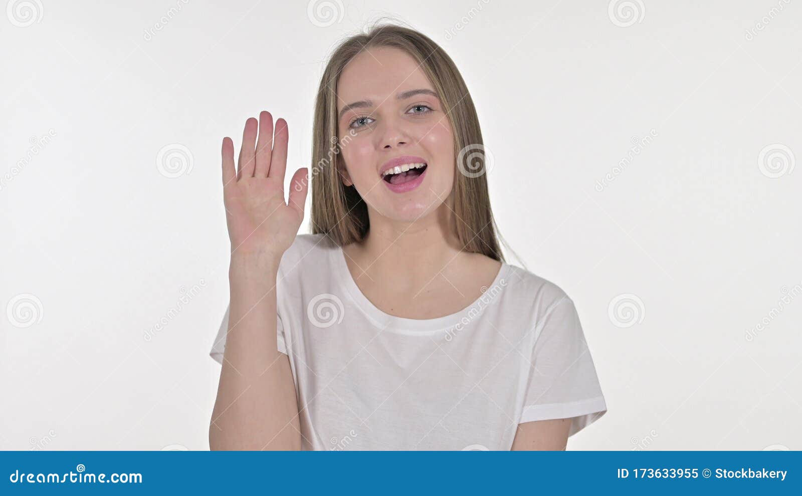 Woman Waving Hand for Video Chat, White Background Stock Image - Image ...