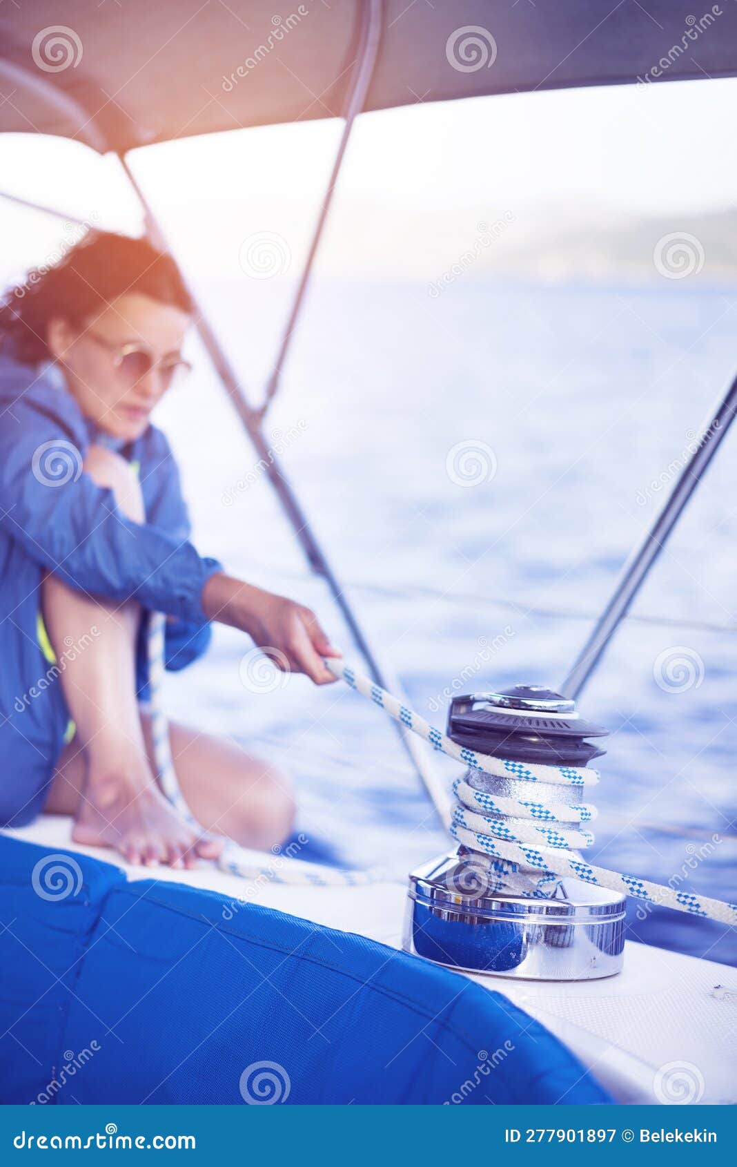 Woman Pulling the Ropes of Sailing Winch Stock Image - Image of ...