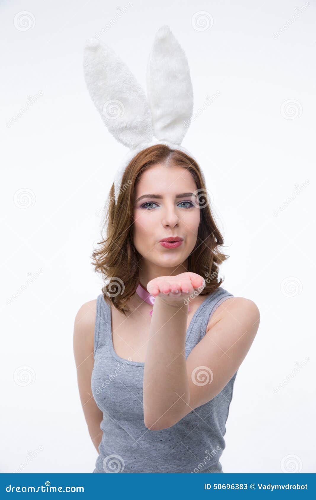 Woman Wearing Bunny Ears And Blowing A Kiss Stock Image Image Of