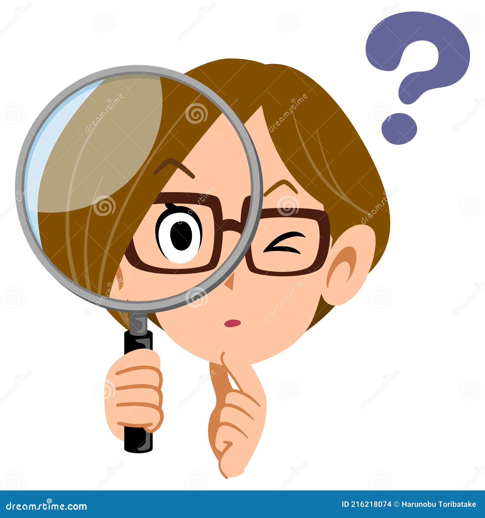A Woman Wearing Glasses Holding a Magnifying Glass with a Questionable ...