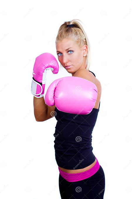 Woman Wearing Pink Boxing Gloves Stock Image Image Of Gloves Blonde