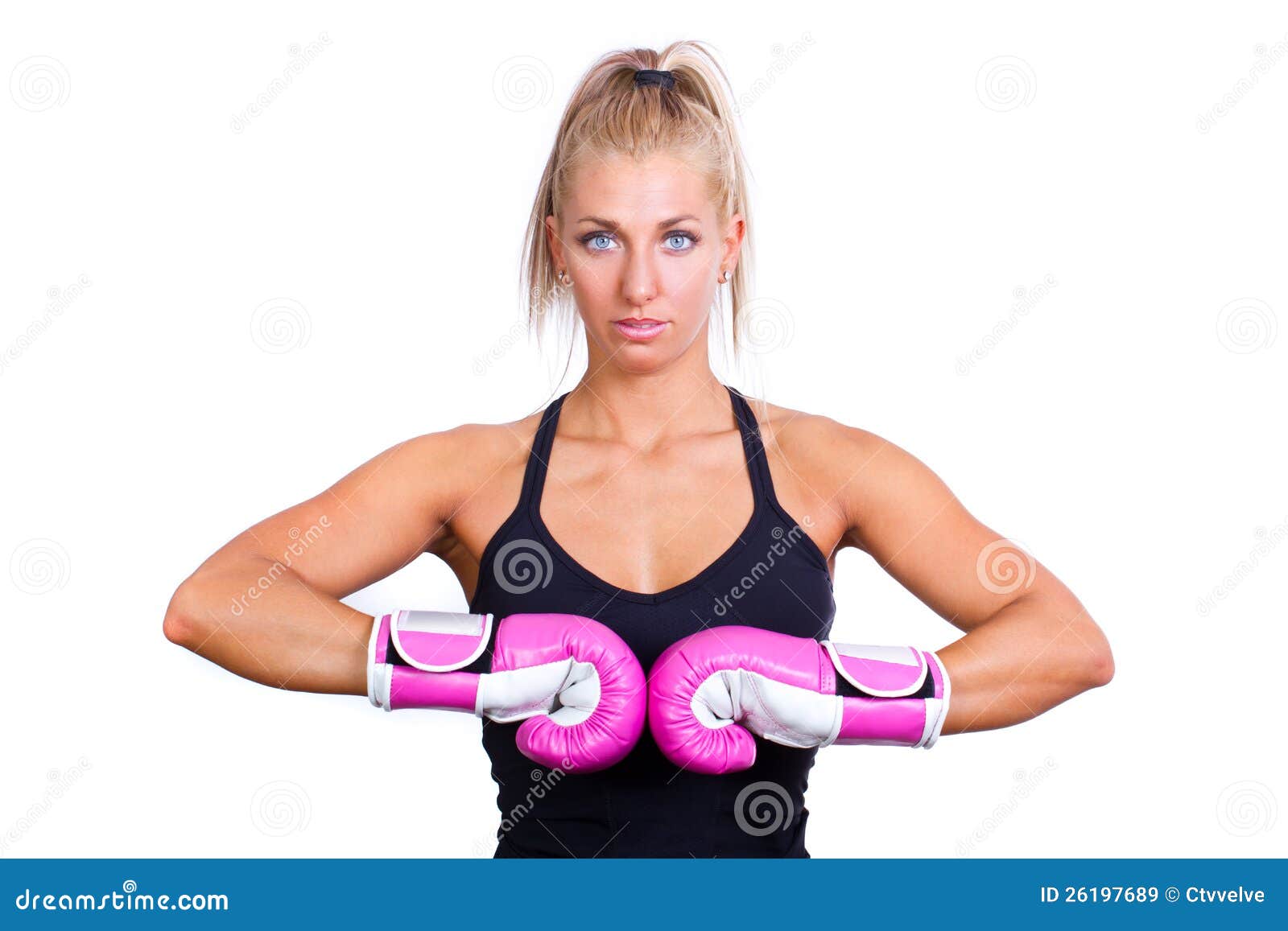 Woman Wearing Pink Boxing Gloves Stock Image Image Of Grin Adult