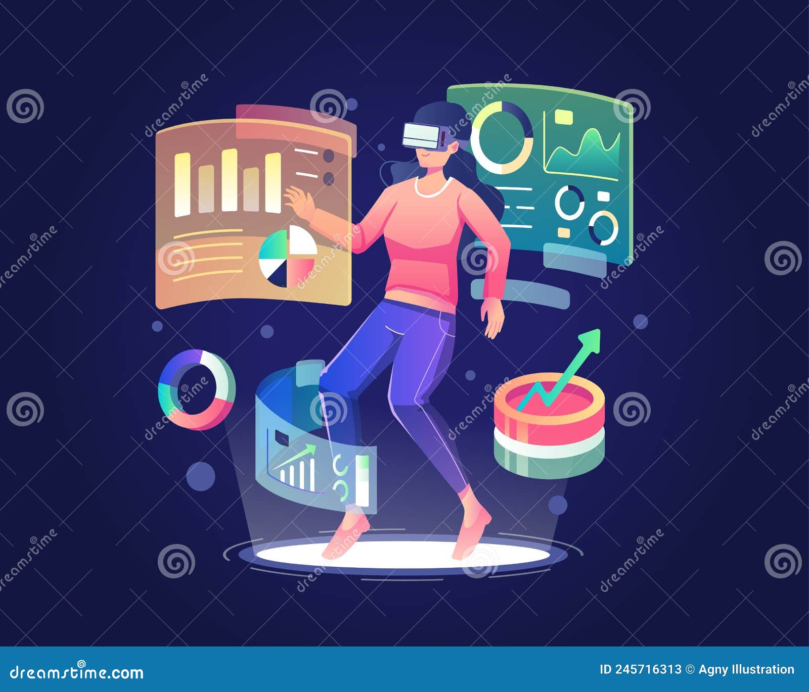 A Woman Wearing a Virtual Reality Headset Interacts with Data Graph ...