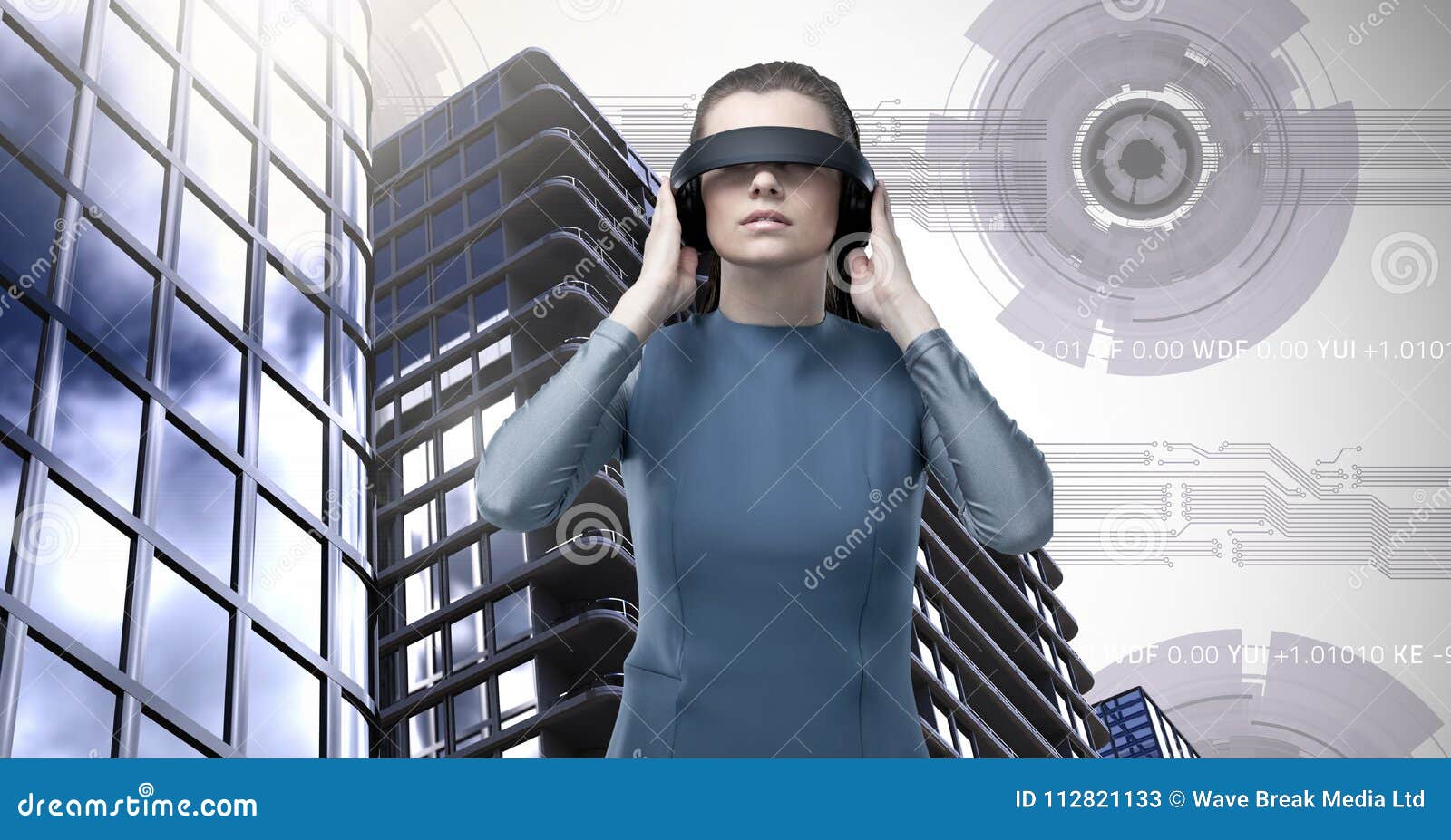 Woman Wearing Virtual Reality Headset and Tall Buildings with Sci-fi ...